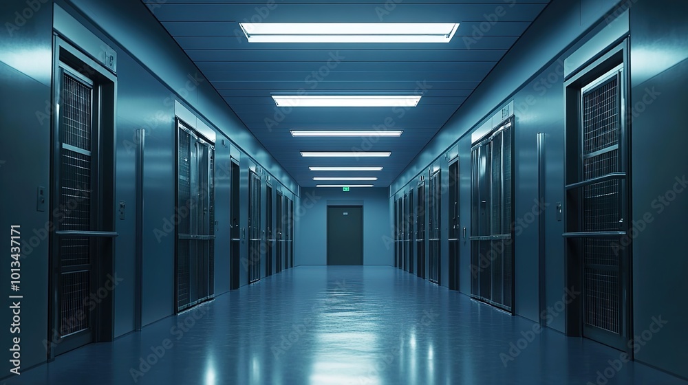 Interior of a prison corridor with rows of cells and locked doors ...