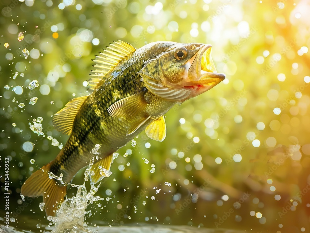 massive freshwater perch leaping from rippling green water, droplets ...