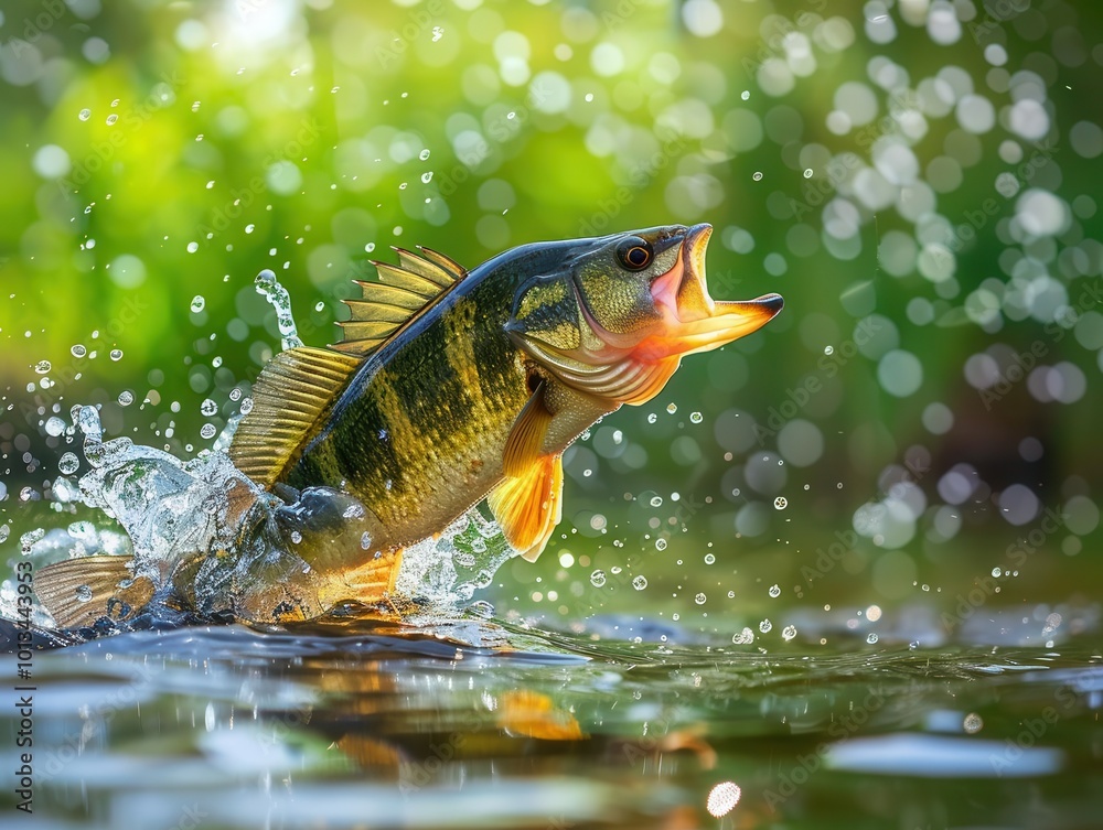 massive freshwater perch leaping from rippling green water, droplets ...