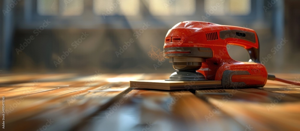 Close up view of a vibrant red rotary sander or orbital sander placed ...