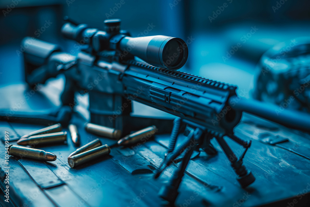 Modern powerful sniper rifle with a telescopic sight mounted on a bipod ...