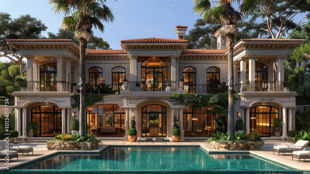 A grand luxurious mansion with large windows, palm trees, and an ...