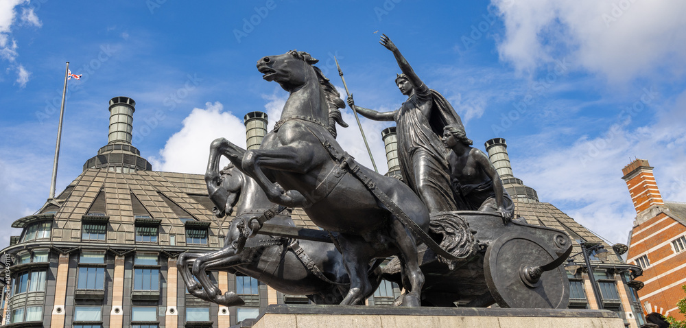 London, England - AUG 03, 2024 - A bronze statue of Boudica - A Celtic ...