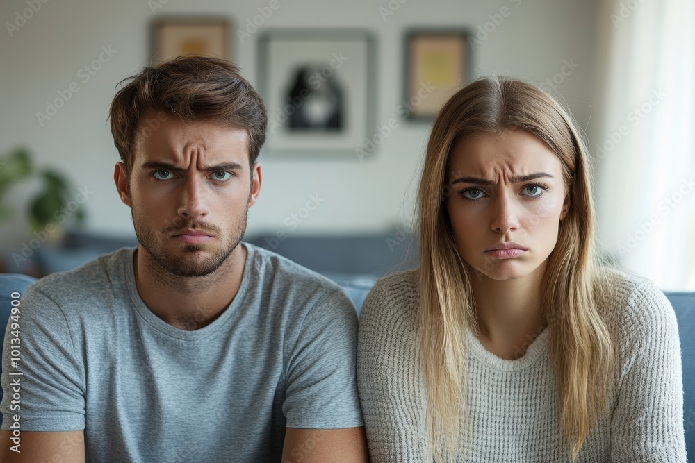 Angry young husband and wife sitting together, hating, ignoring each ...