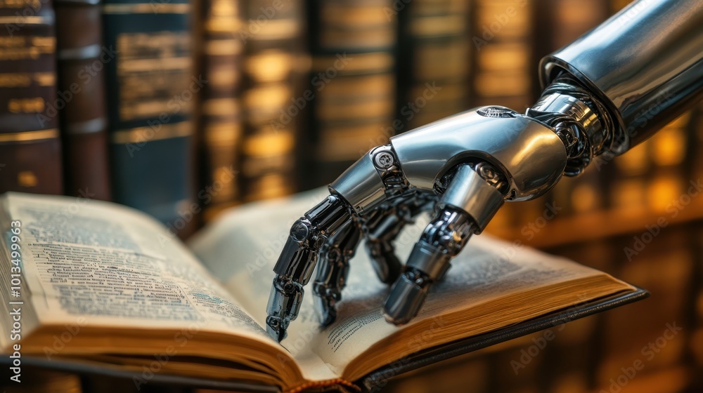 Conceptual image of AI codes of ethics with a robot hand and a law book ...