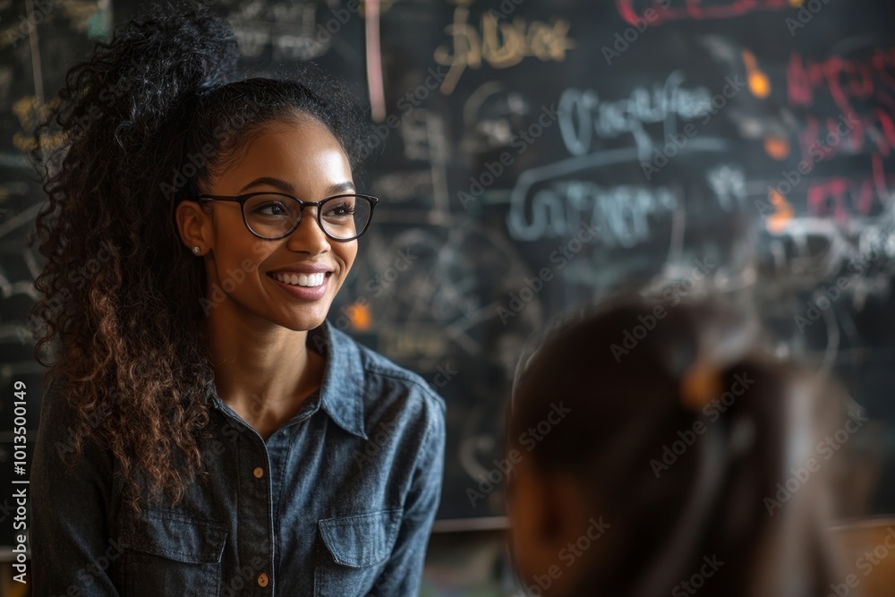 Foto de Side view of supportive female teacher of Black ethnicity ...