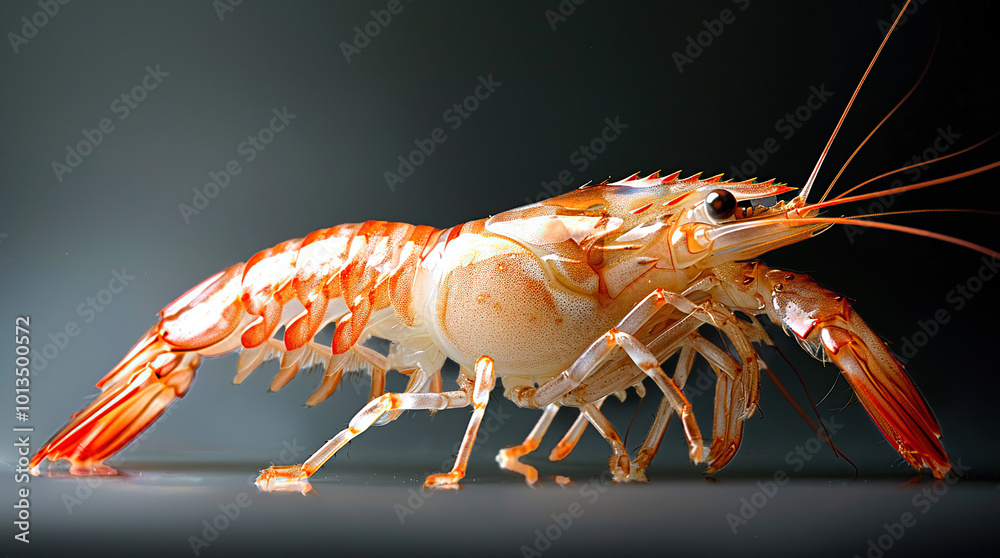 Fresh white leg marine prawns - vannamei shrimp on white glass surface ...