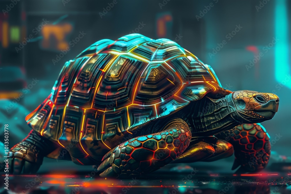 Futuristic turtle with illuminated neon shell in a cyberpunk ...