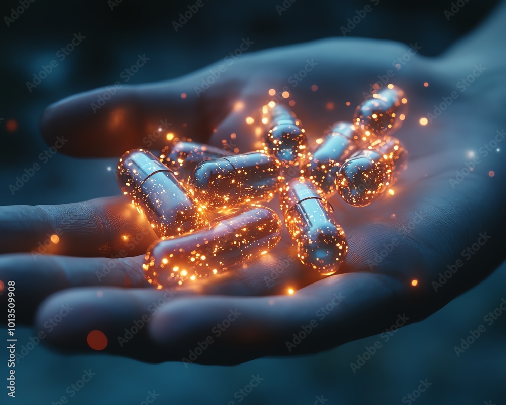 Glowing capsules resting in an outstretched hand, highlighting a ...