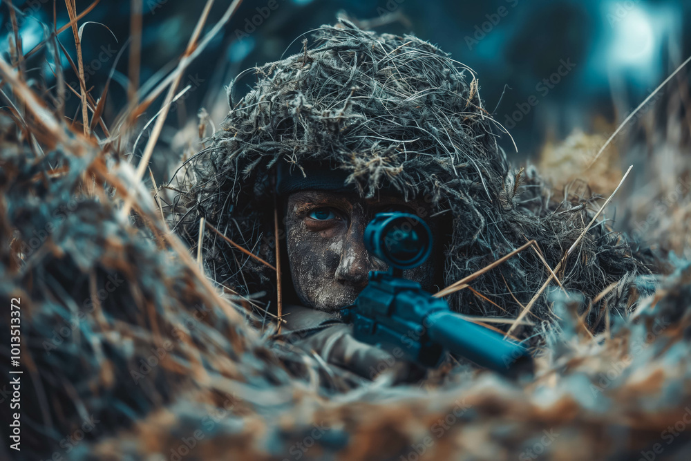 Special forces sniper soldier wearing ghillie suit laying on ground ...