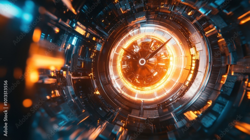 Time machine concept with rotating clock hands and a glowing portal ...