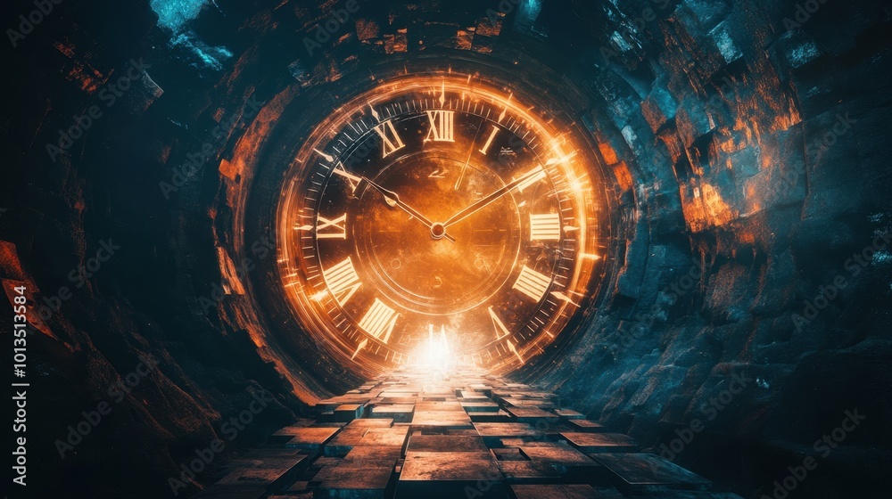 Time machine with rotating clock hands, jumping into a time portal ...