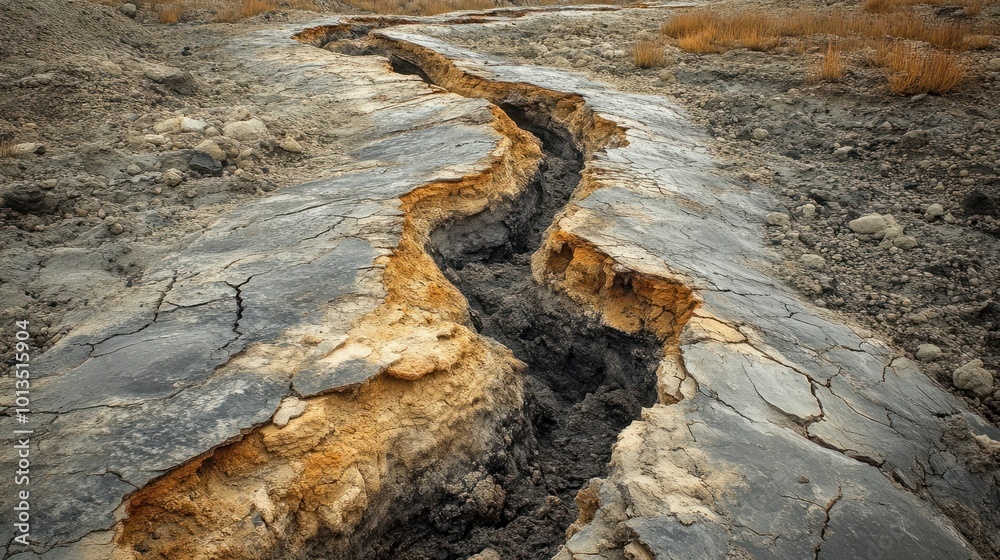 Erosion by rainwater creating winding ravines in a dry, cracked ...