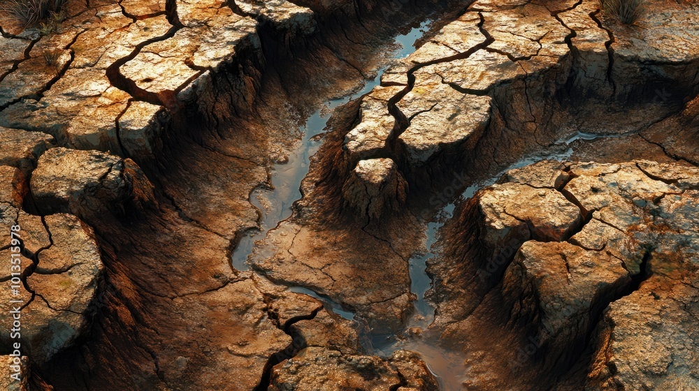 Erosion by rainwater creating winding ravines in a dry, cracked ...