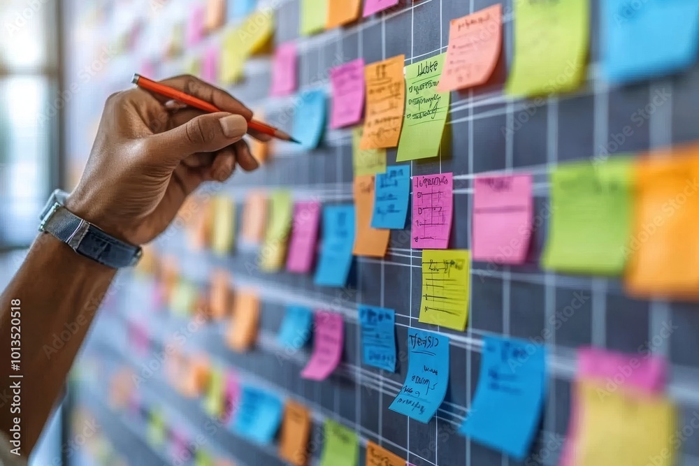 Review work progress on kanban board, todo list, in progress task and finished one, project ...