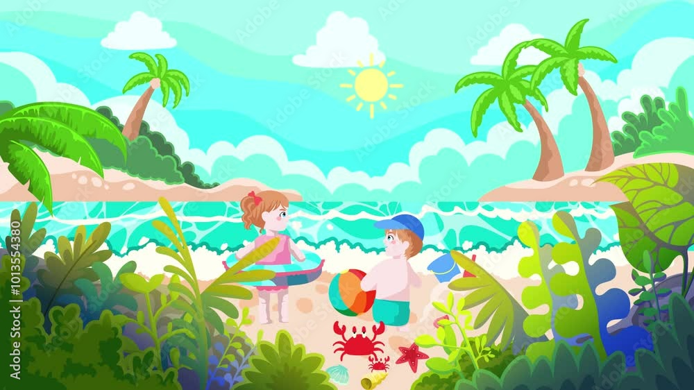 summer season 2D animation illustration of beach, children playing in a ...