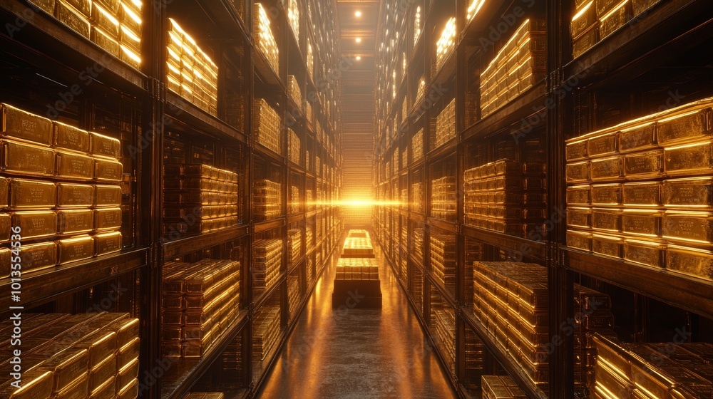 Aerial view of a vast gold vault, perfectly aligned stacks of gleaming ...