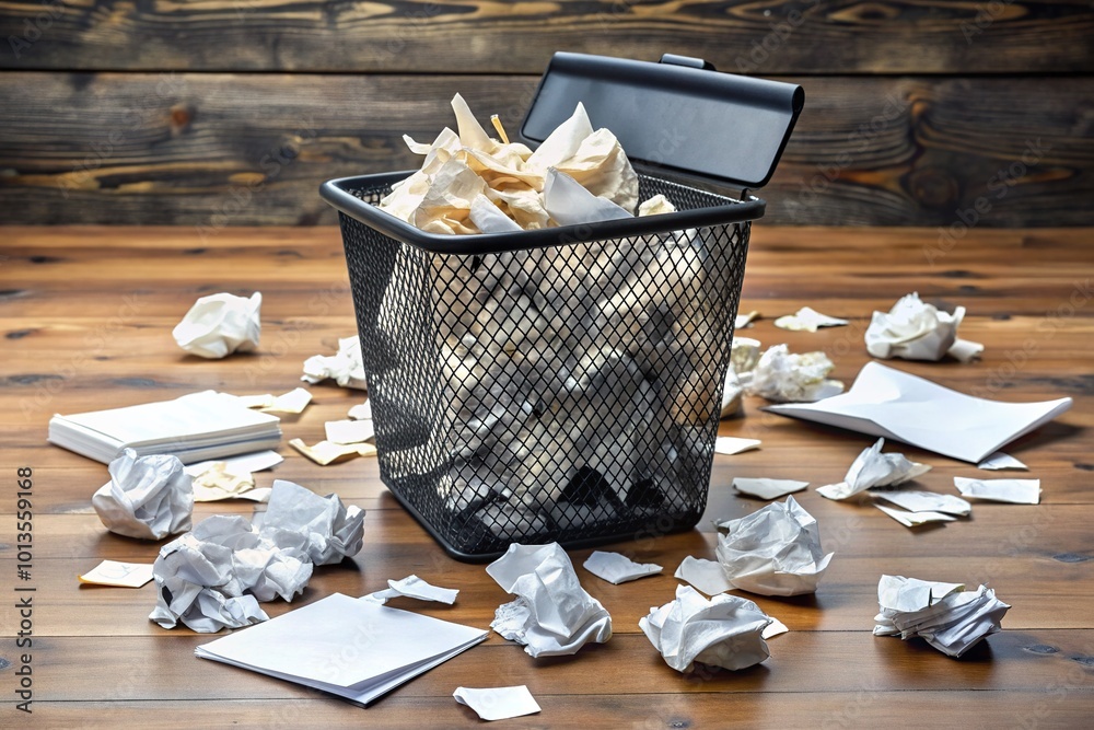Crinkled papers overflowing from a black basket, amidst torn financial ...