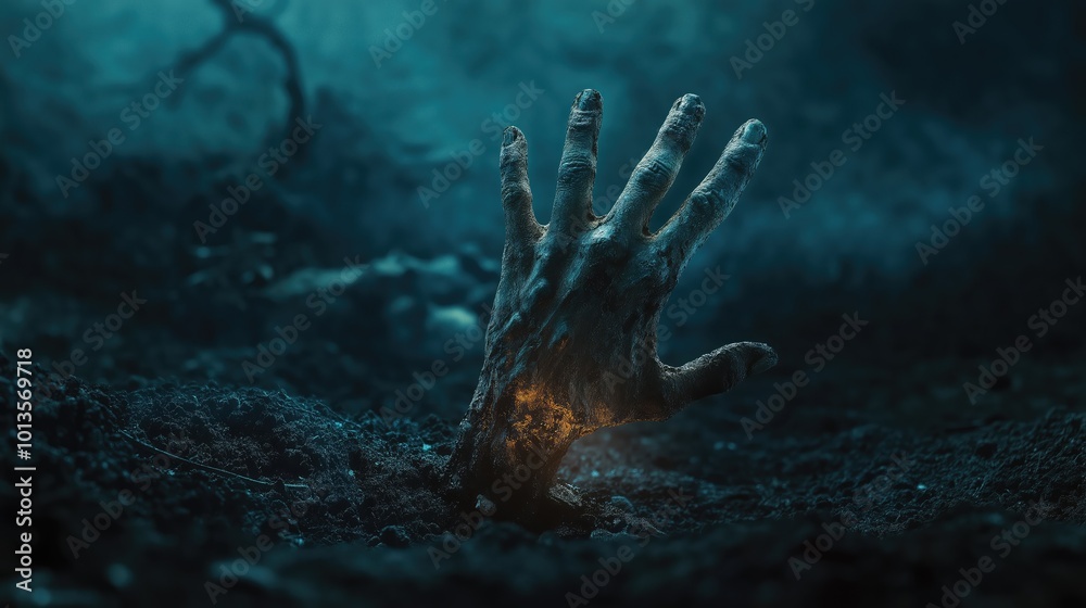 Scary zombie hand comes out of the ground. Close-up. Dirty hand of a ...