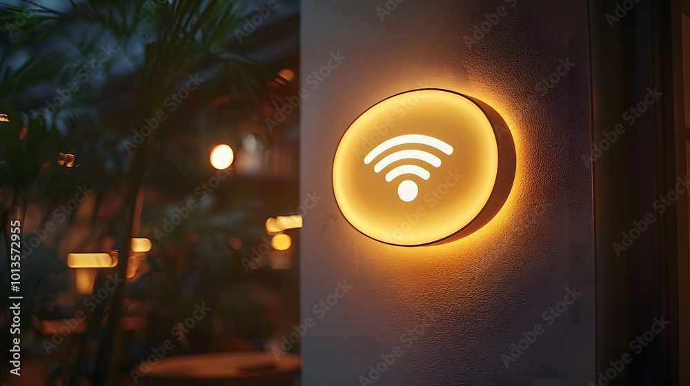 An illuminated Wi-Fi sign in a modern indoor setting showcases a clean ...