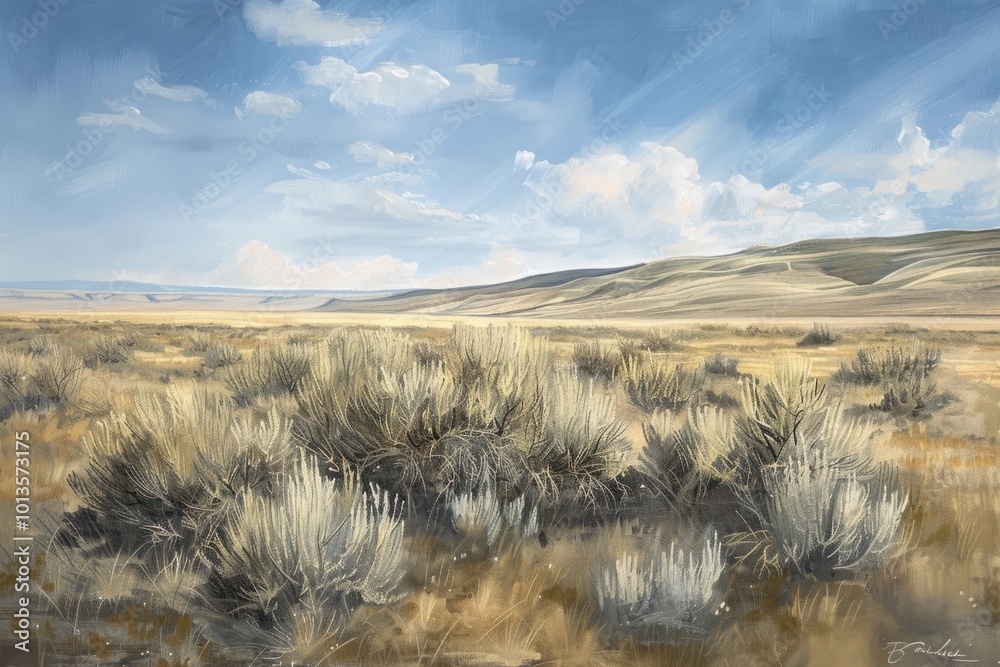 Desert landscape with sagebrush under a blue sky with clouds. Oil ...