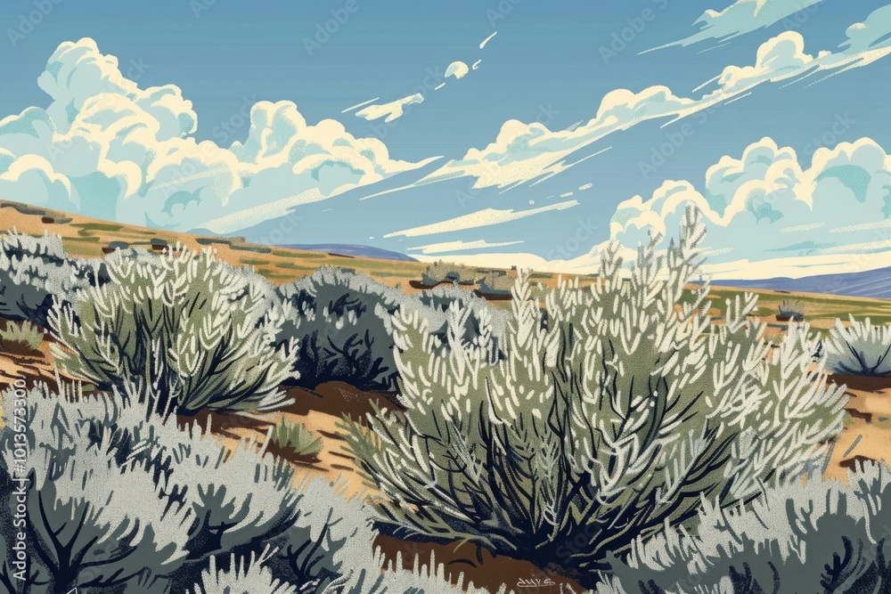 Desert landscape with sagebrush under a blue sky with clouds. Digital ...