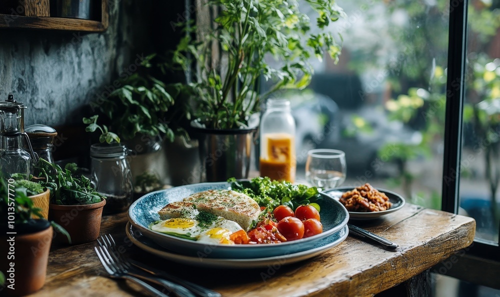 A serene setting showcasing a balanced meal with a focus on mindful ...