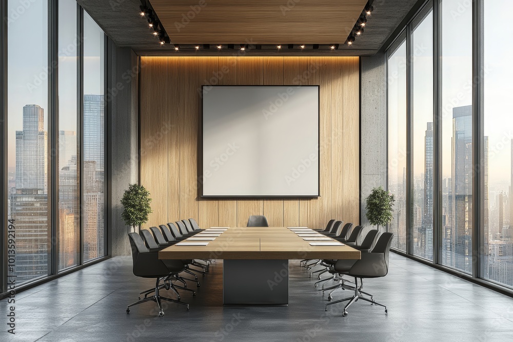 Glass meeting room interior with board and projection screen, panoramic ...