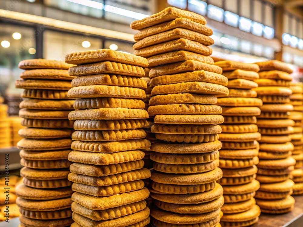 Golden-brown speculoos biscuits stacked in a tower-shaped display at a ...