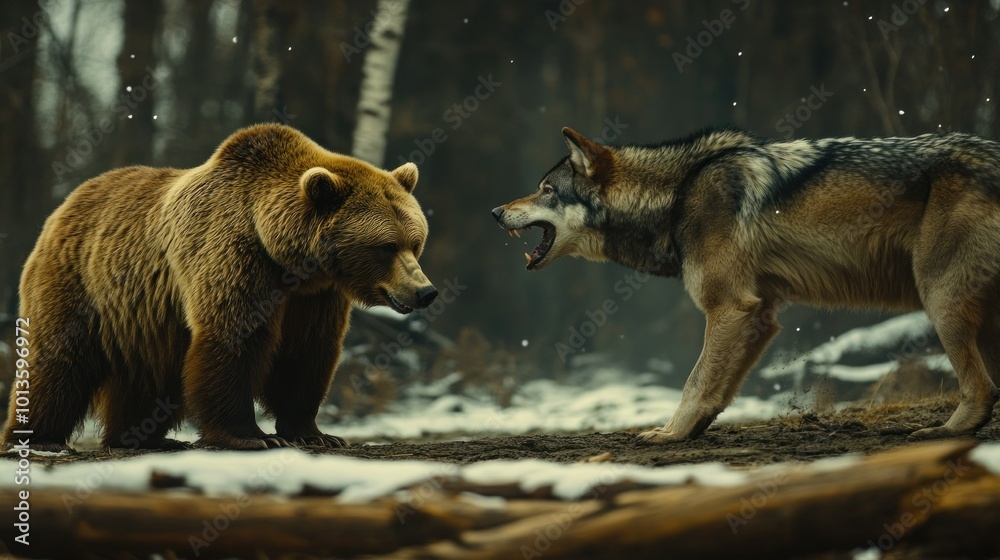 Confrontation in the Wild: A Grizzly Bear and Wolf Face Off in the Snow ...