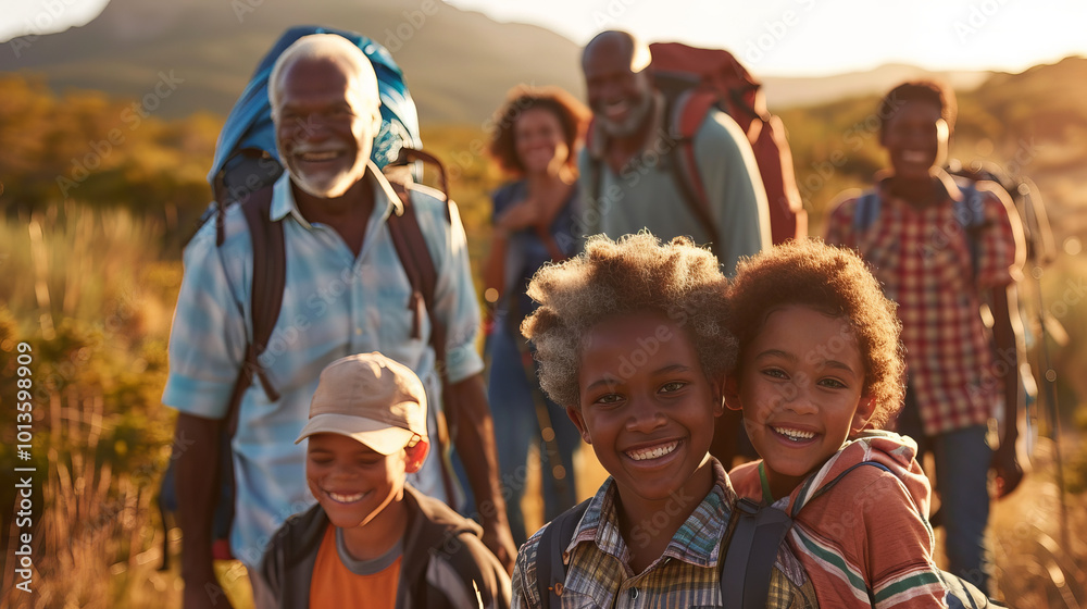 Exploring nature together, joyful family of six enjoys hiking adventure ...
