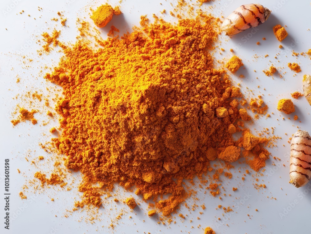 vibrant turmeric powder scattered artistically on a clean white ...