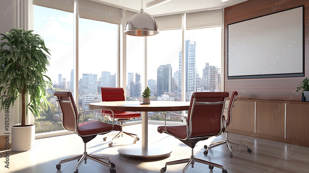 Modern office meeting room in bright open space, wooden accent wall ...