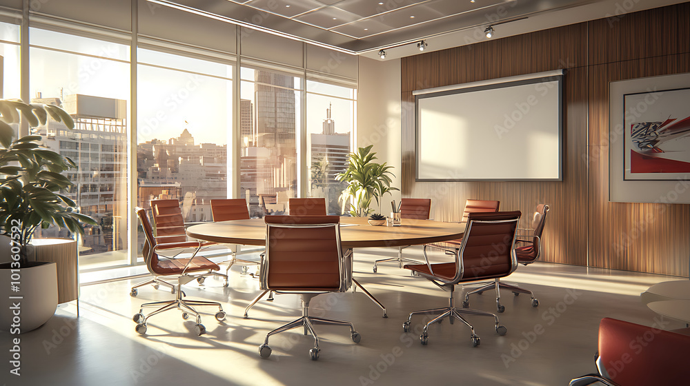 Modern office meeting room in bright open space, wooden accent wall ...