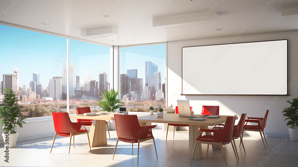 Modern office meeting room in bright open space, wooden accent wall ...