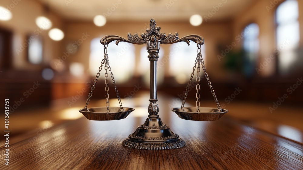 Using cinematic lighting, an ornate scale of justice is pictured on a ...