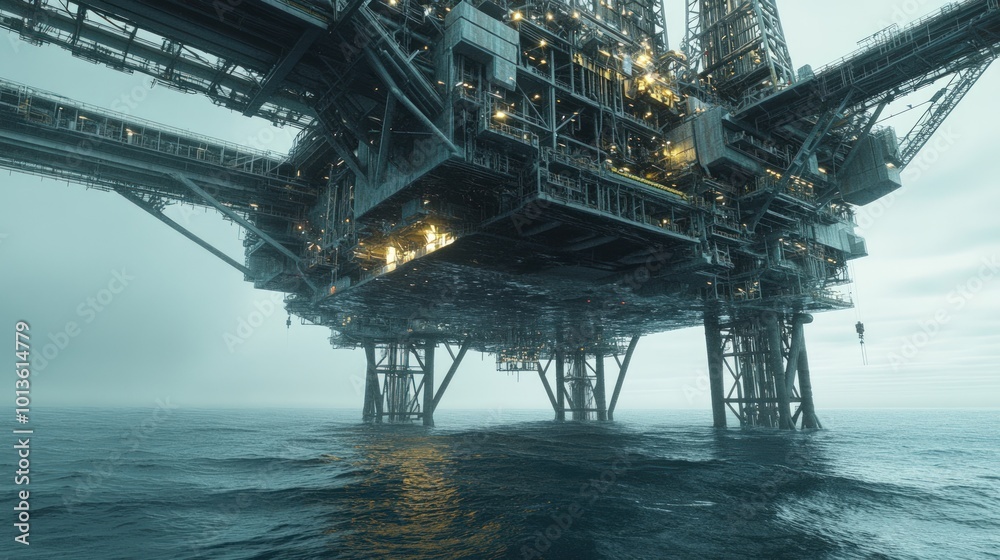 A large, complex oil rig stands tall in the middle of the ocean, with ...