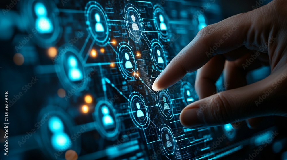 hand interacts with digital network structure, symbolizing human ...