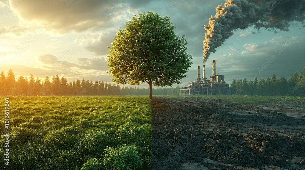 striking contrast between vibrant green tree and polluted industrial ...