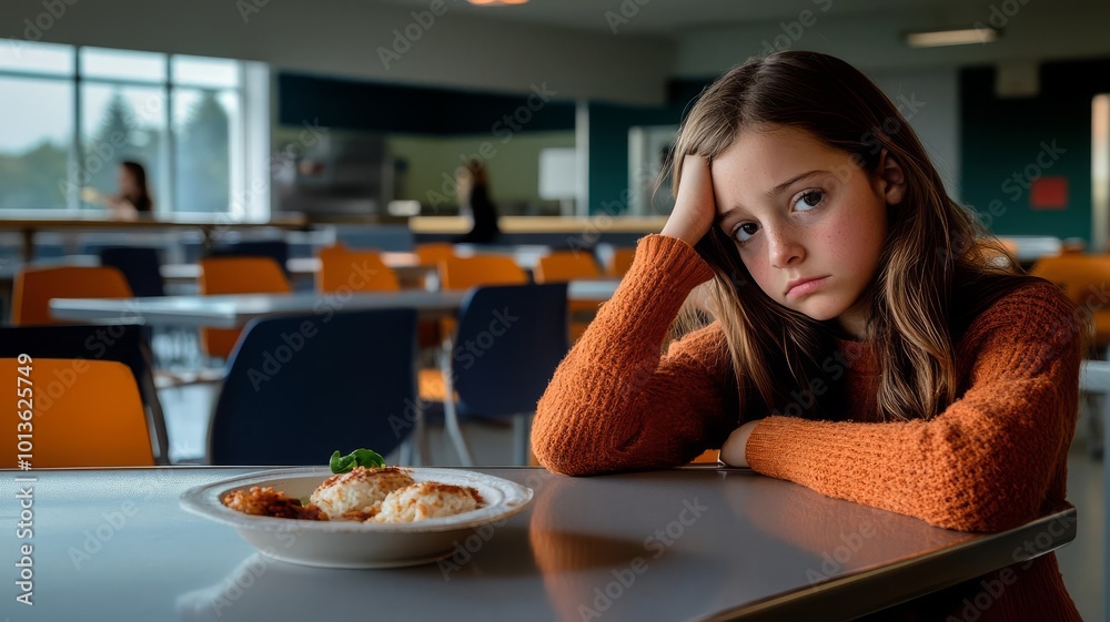 Teenage girl sitting alone in a cafeteria, untouched food on the table ...