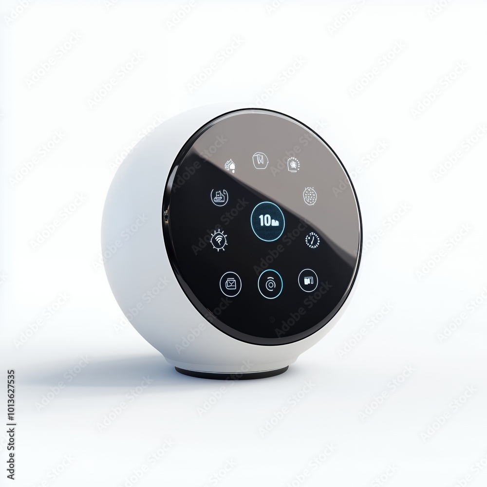 Modern white smart home device with a circular touchscreen and icons ...