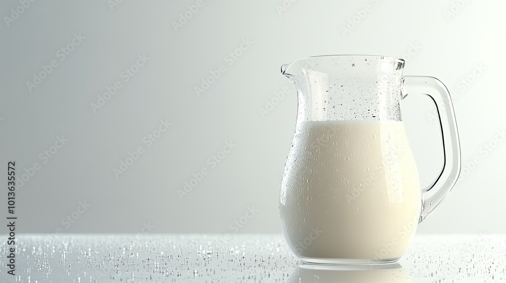 Fresh milk in a transparent jug, standing on a white background with ...