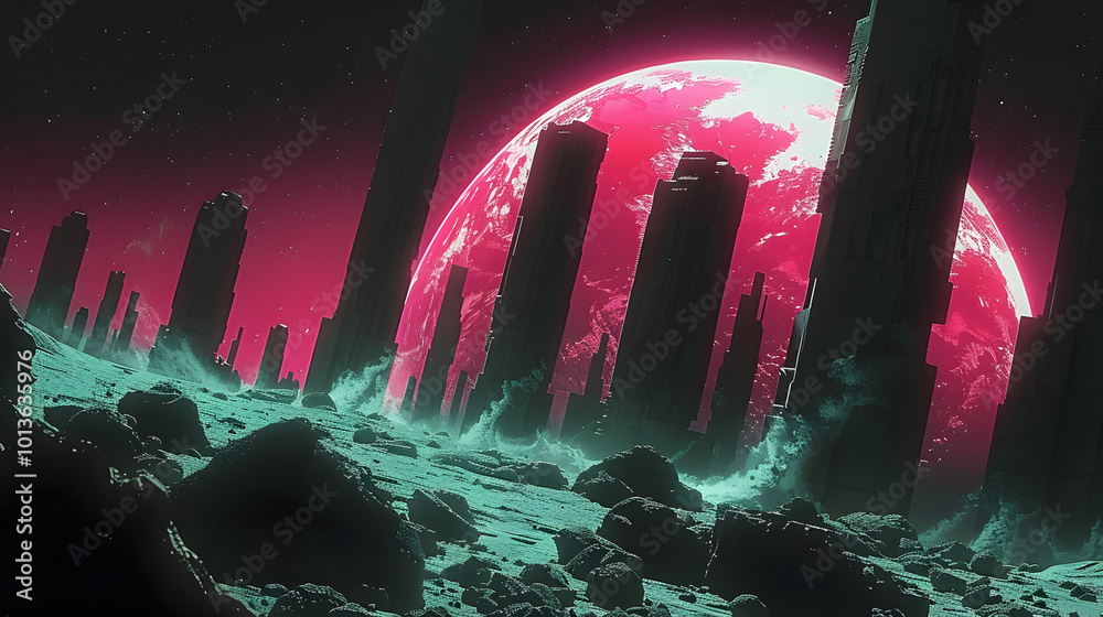 Futuristic alien planet scene featuring towering dark structures, a ...