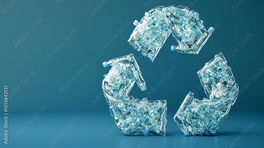 This image depicts recycle symbol made of transparent plastic bottles ...