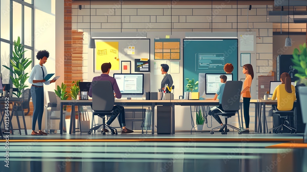 Cartoon figures of office people interacting at a workplace with a PC ...