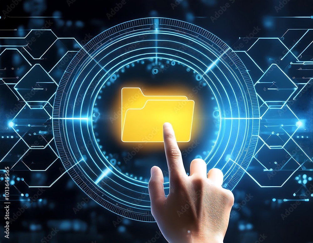 A finger taps a glowing yellow folder icon on a futuristic background ...