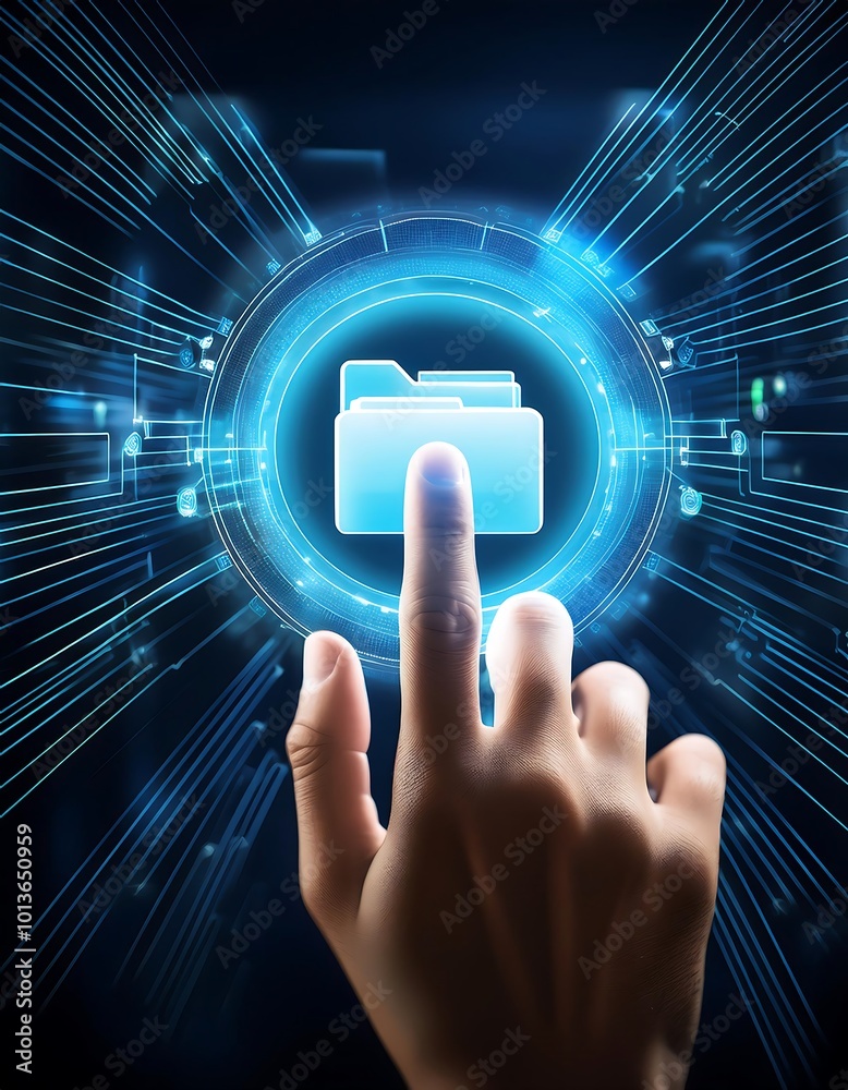 The future of data management is represented by a finger touching a ...