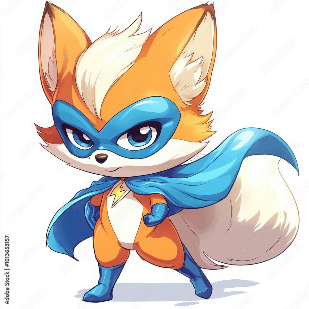 Create a chibi fox with a large, fluffy tail, wearing a superhero cape ...