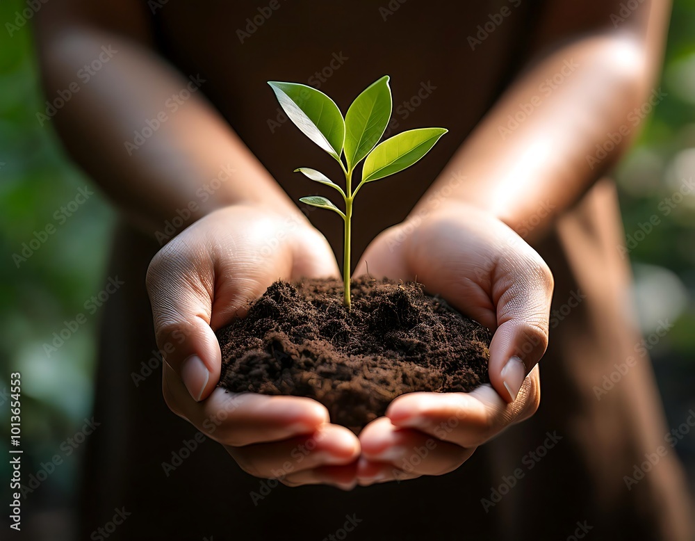 Hands cradling a small plant, representing a dedication to sustainable ...