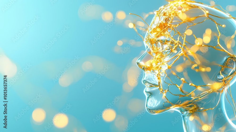 Abstract depiction of a fractured mind being mended with golden threads ...